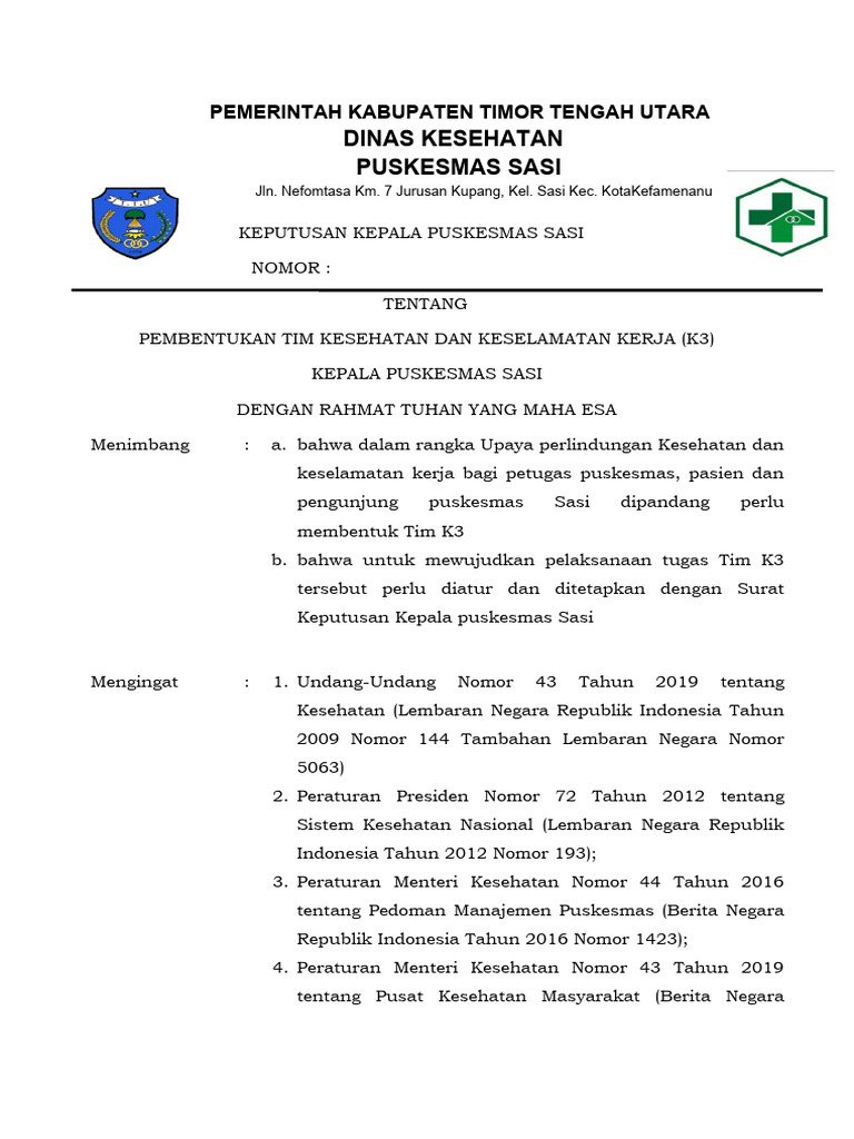 Pembentukan Tim K3 Puskesmas Sasi | PDF