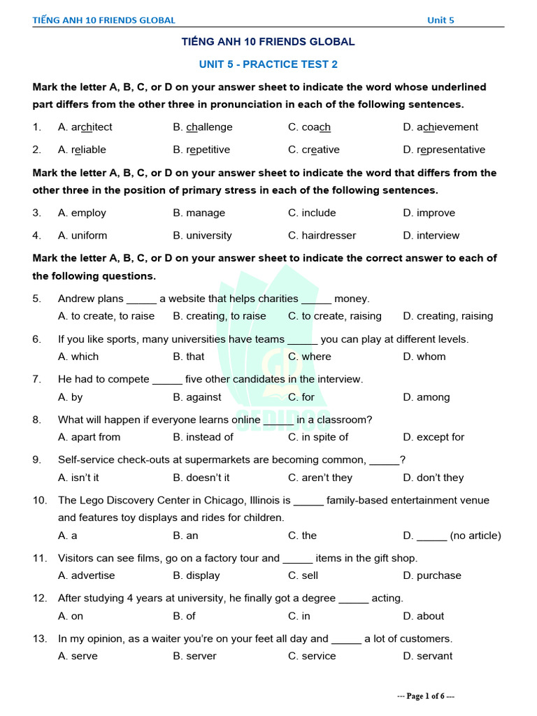 English 10 Unit 5 Practice Test | PDF | Job Interview