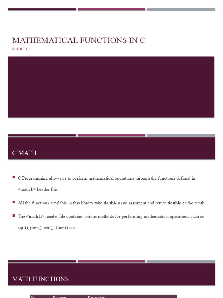 Mathematical Functions in C | Download Free PDF | Trigonometric Functions | Exponential Function
