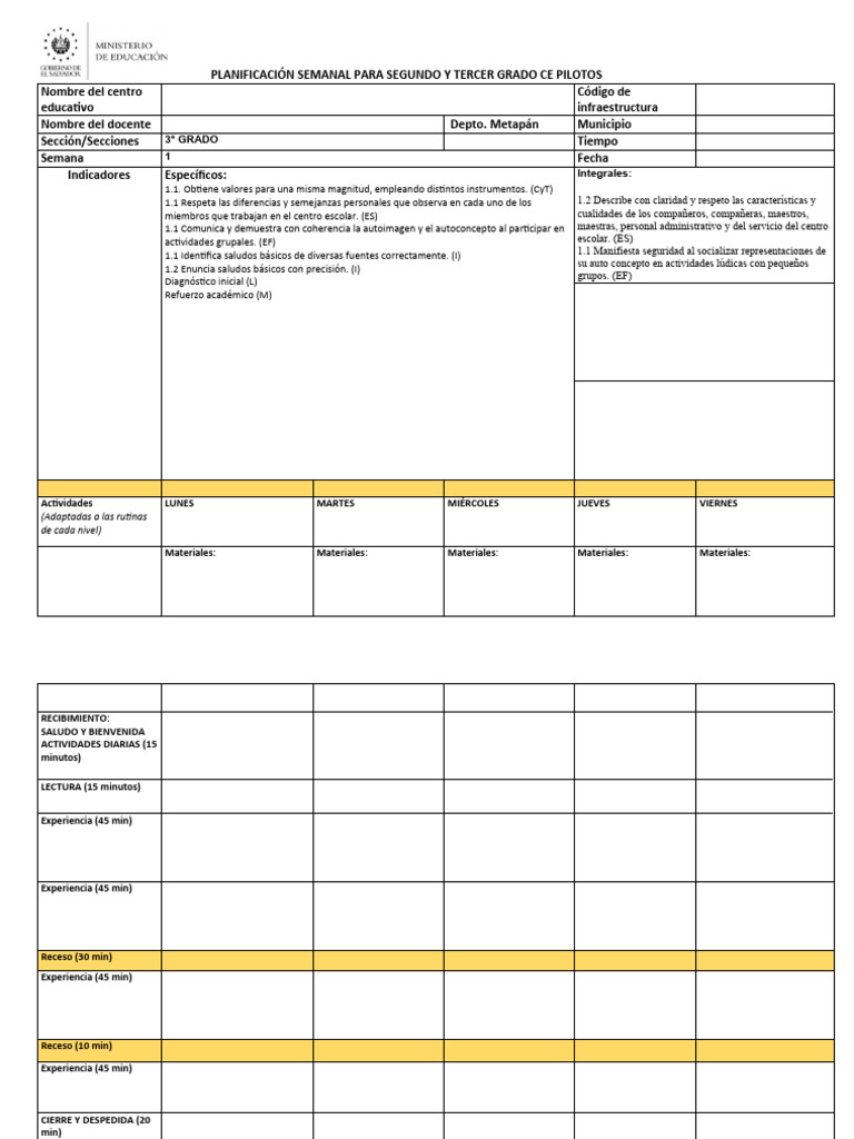 Planificación Semanal 2° y 3° Grado CE Pilotos | PDF | Sustracción