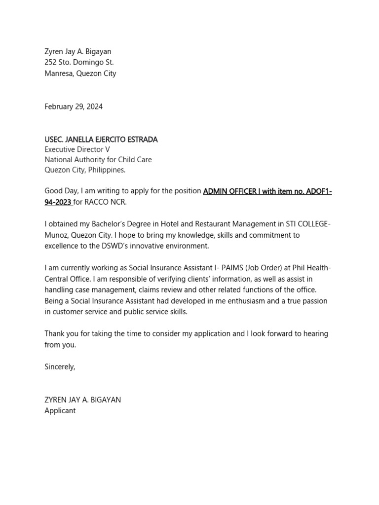 Letter of Intent For Government Job Application | PDF