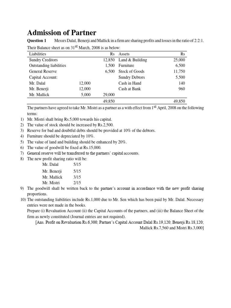Admission of Partner Extra Question | PDF | Balance Sheet | Goodwill ...