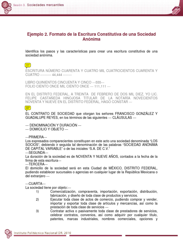 Ejemplo 2 S3 Formato de La Escritura Constitutiva de Una Sociedad Anonima | PDF | Sociedad de ...