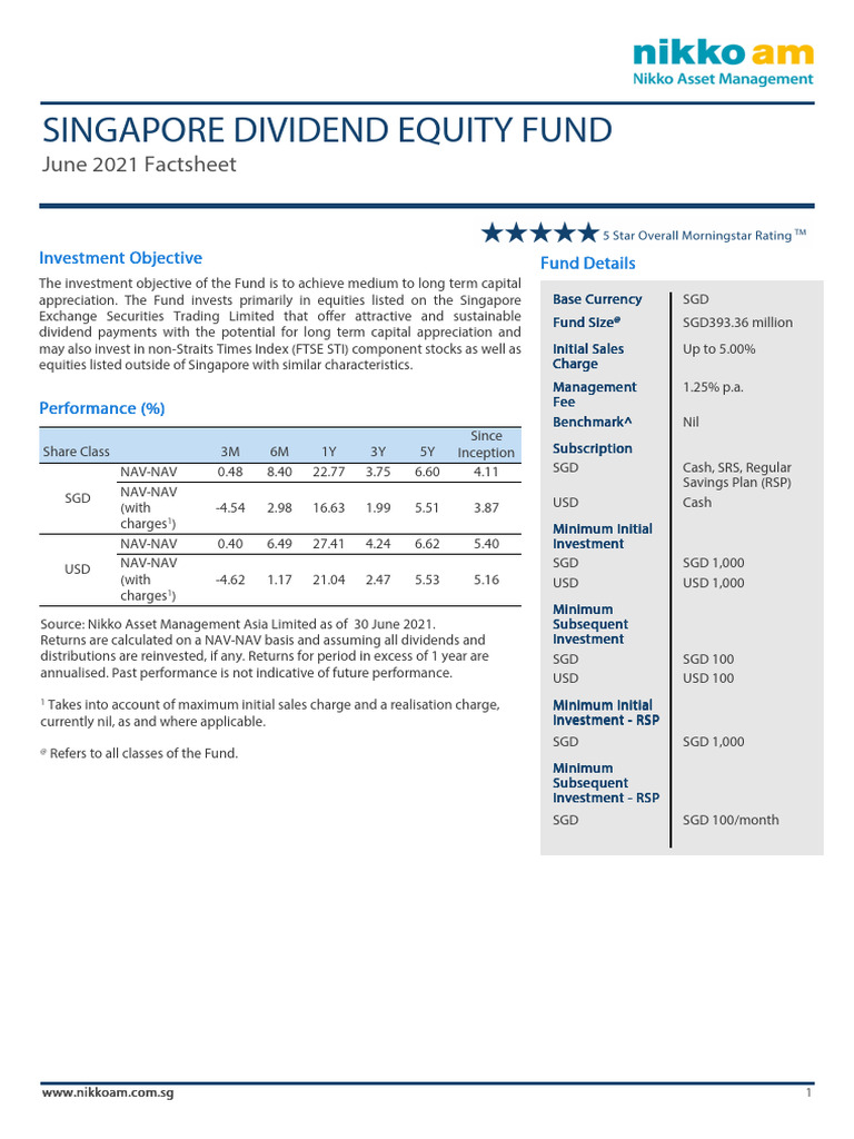 Nikko AM Shenton Singapore Dividend Equity Fund SGD - Fund Fact Sheet | PDF | Investing | Stocks