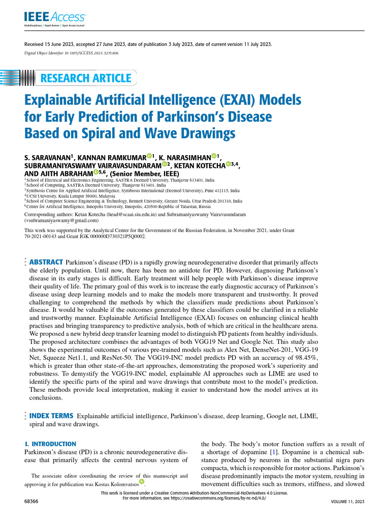 Explainable Artificial Intelligence (EXAI) Models For Early Prediction of Parkinson's Disease ...