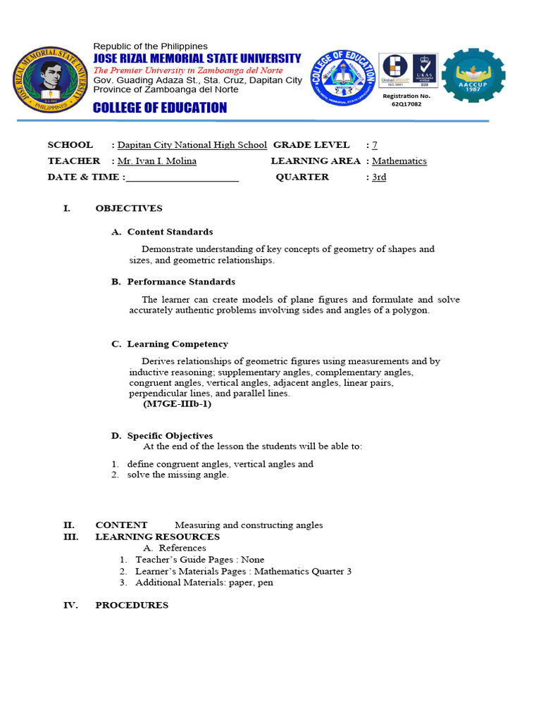 Lesson Plan Angles - 3 | Download Free PDF | Angle | Shape