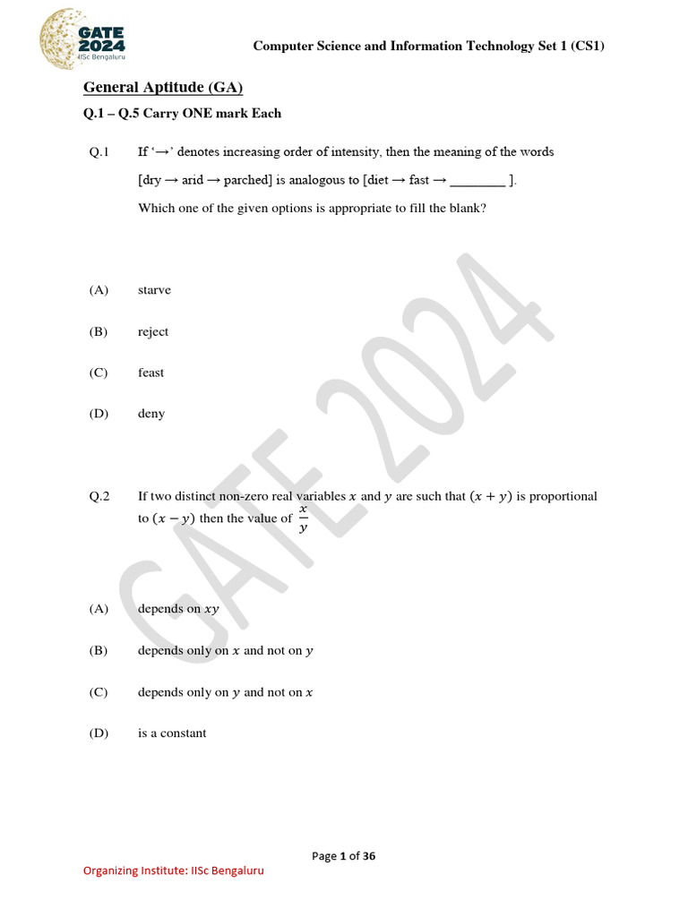IISc Bengaluru CS1 General Aptitude Exam | PDF | Computing | Computer Engineering