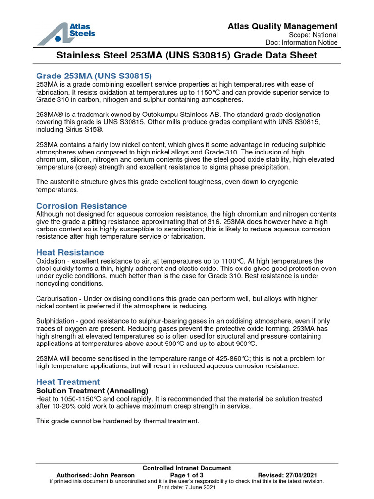 Stainless Steel 253MA UNS S30815 Grade Data Sheet 27 04 21 | PDF ...