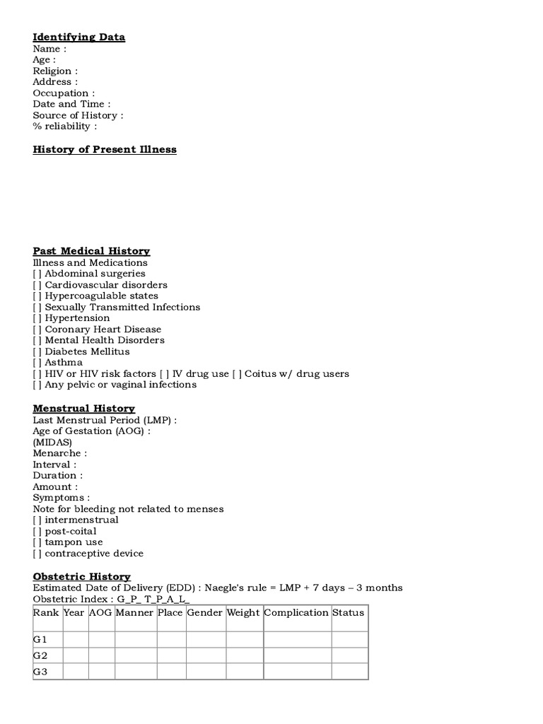 Template OB History and PE | PDF | Menstruation | Sexual Intercourse
