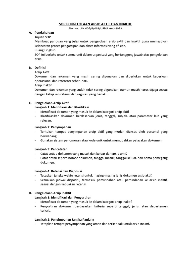 SOP Arsip (Aktif Dan Inaktif) | PDF