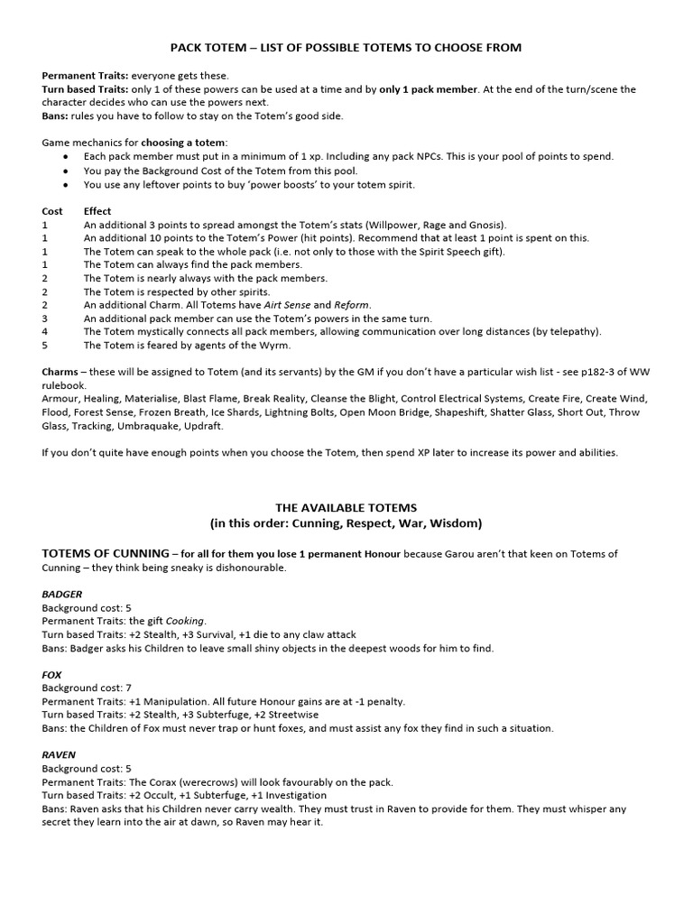 Totems - List of Possible For Fianna v2 | PDF