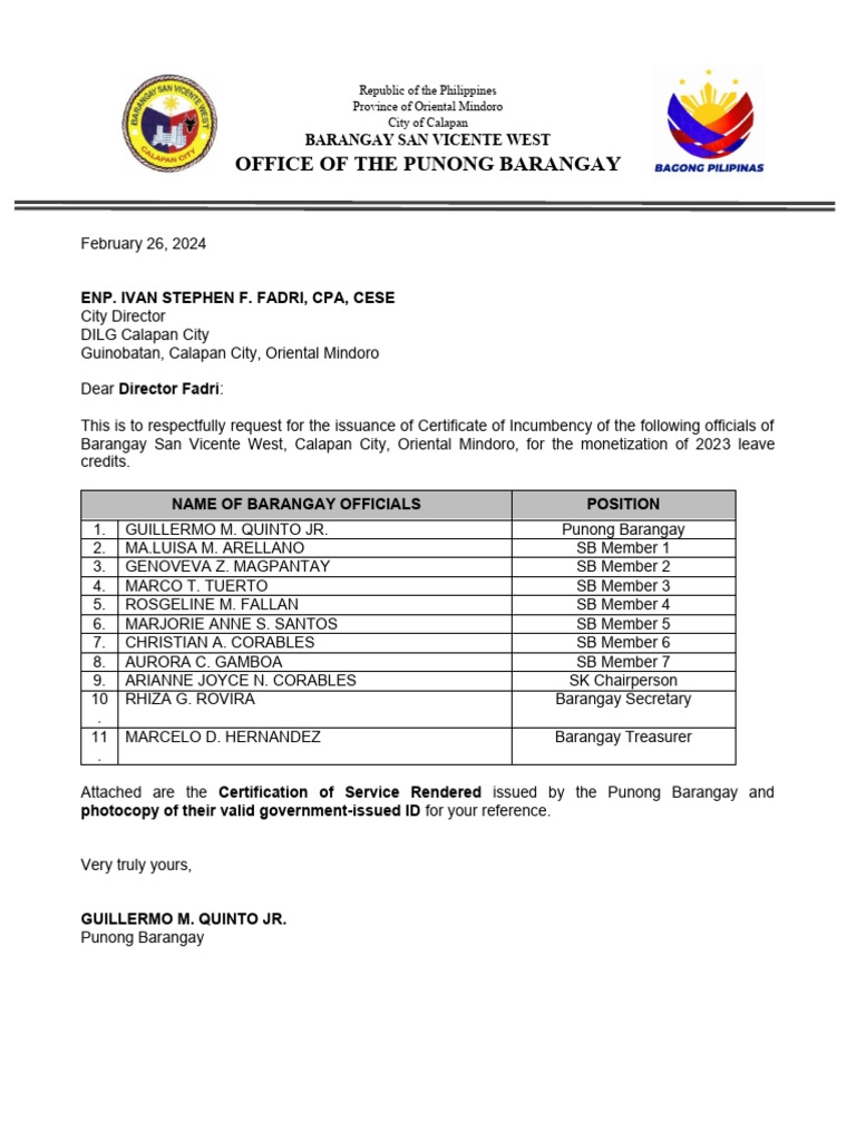 Certification of Leave Credits and Request Letter Format | PDF