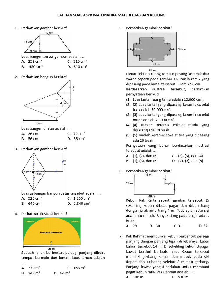 Latihan Soal Aspd Matematika Kelas 6 SD - Luas Keliling | PDF