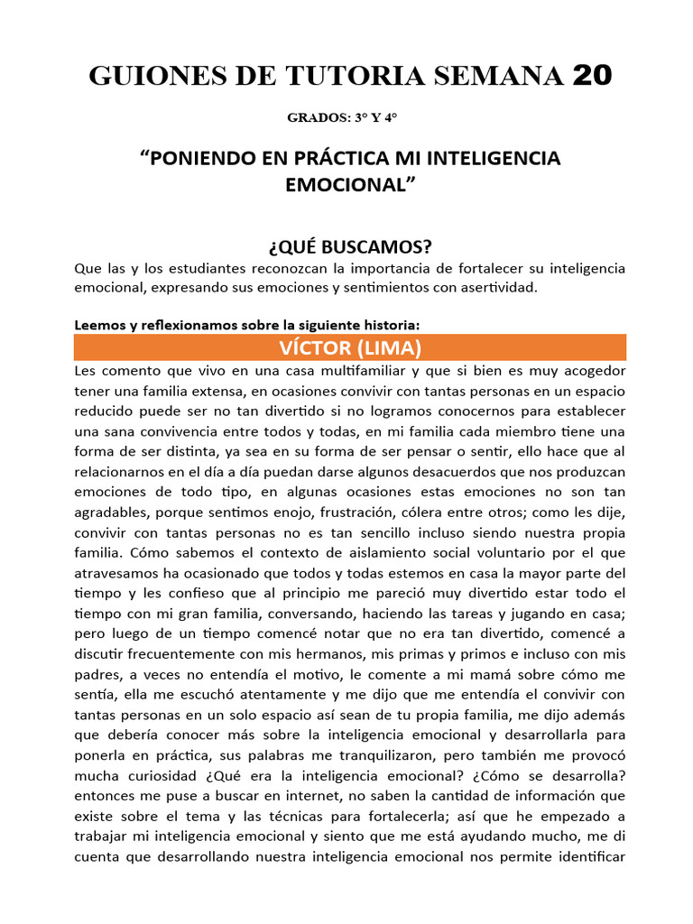 Tutoria 3 Y 4 Semana 20 Pdf Las Emociones Inteligencia Emocional