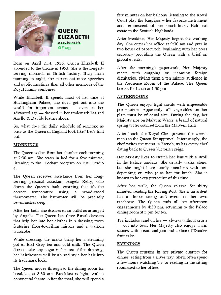 Queen Elizabeth Daily Routine | PDF | Elizabeth Ii | Meal