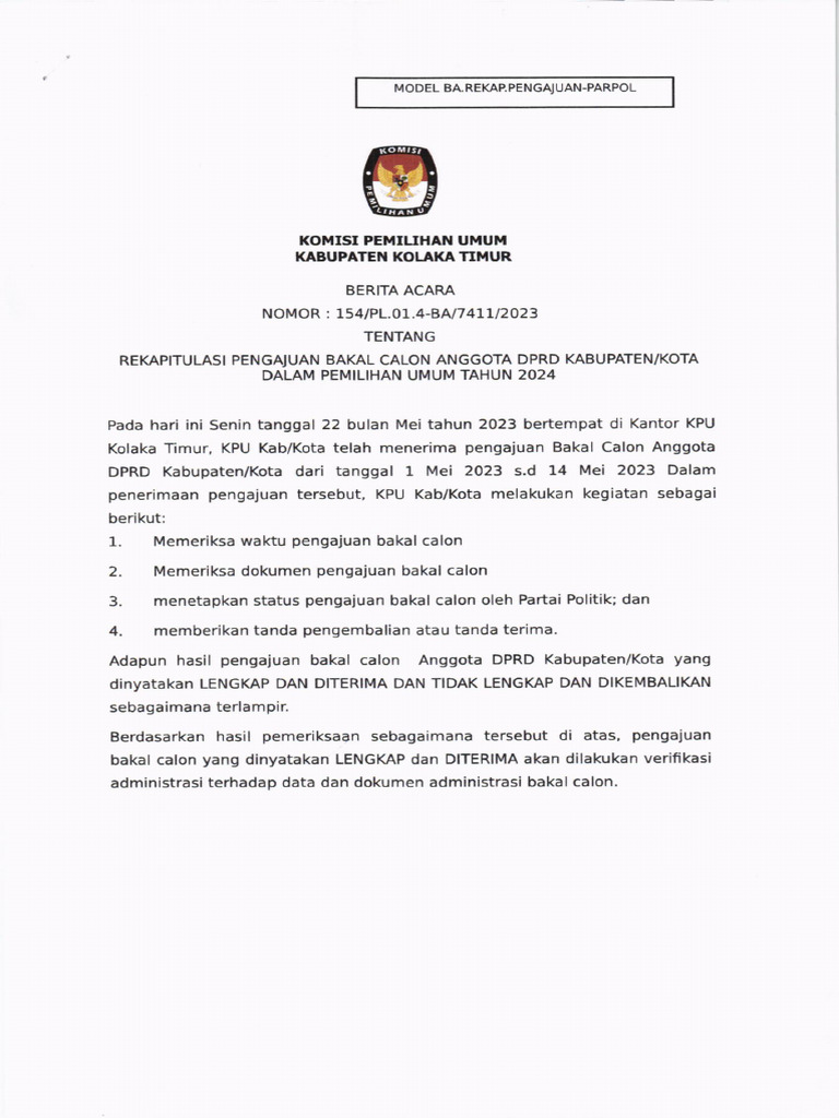 Ba Rekap Pengajuan Bacalon Kolaka Timur | PDF