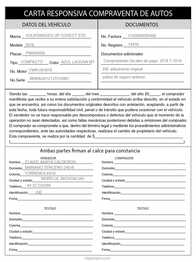 Carta Responsiva Compraventa Auto | PDF