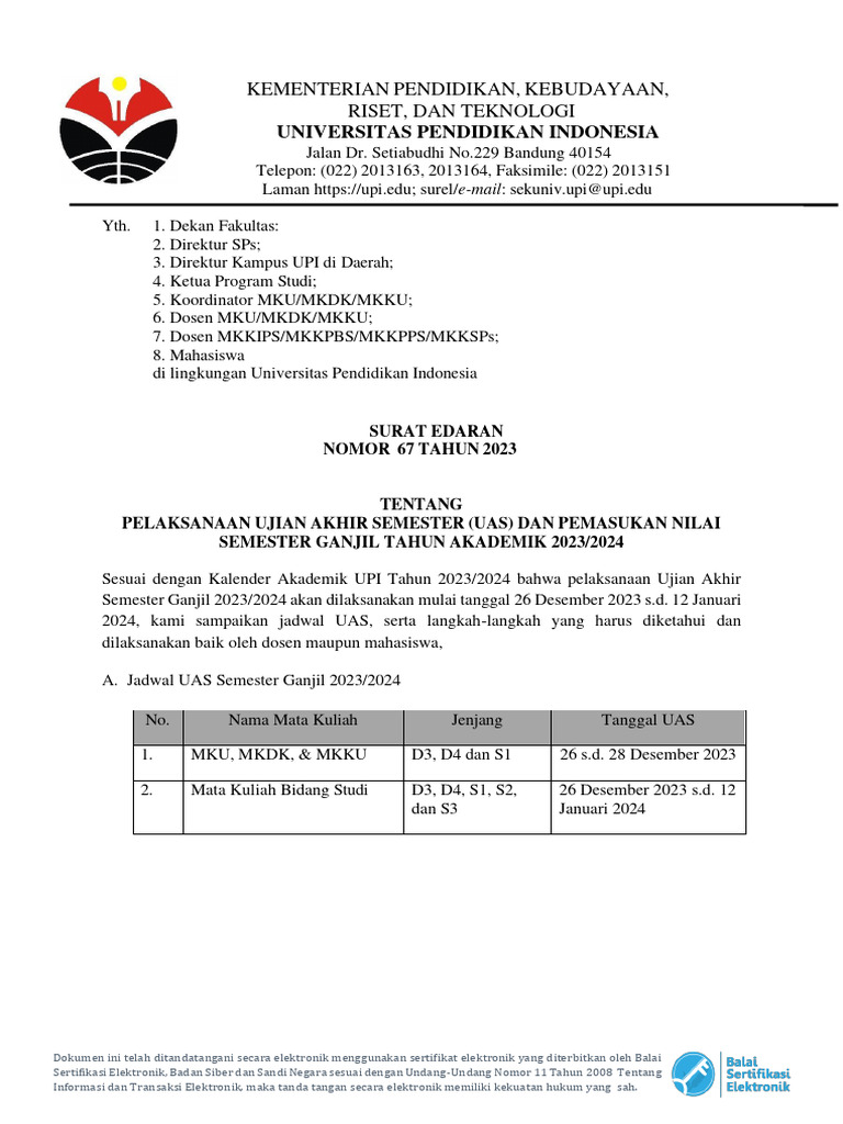 Surat Edaran Pelaksanaan UAS Semester Ganjil 2023 | PDF