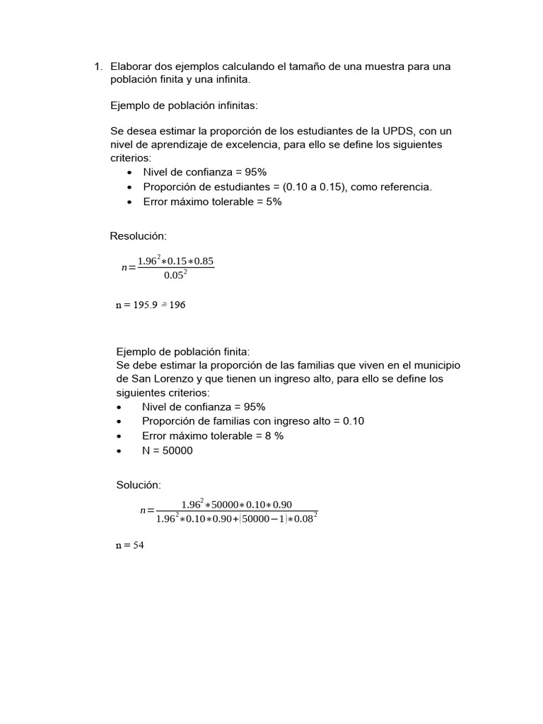 Elaborar Dos Ejemplos Calculando El Tamaño de Una Muestra para Una ...