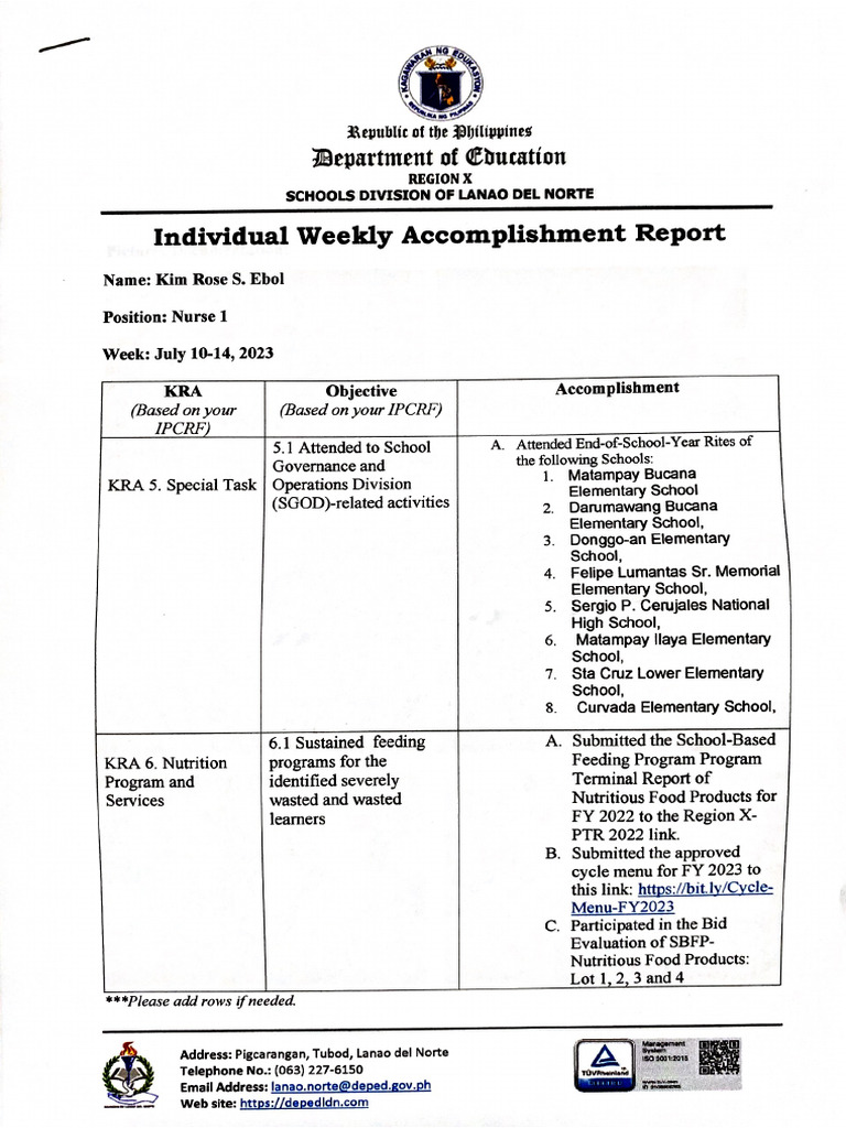 Weekly Accomplishment Report | PDF