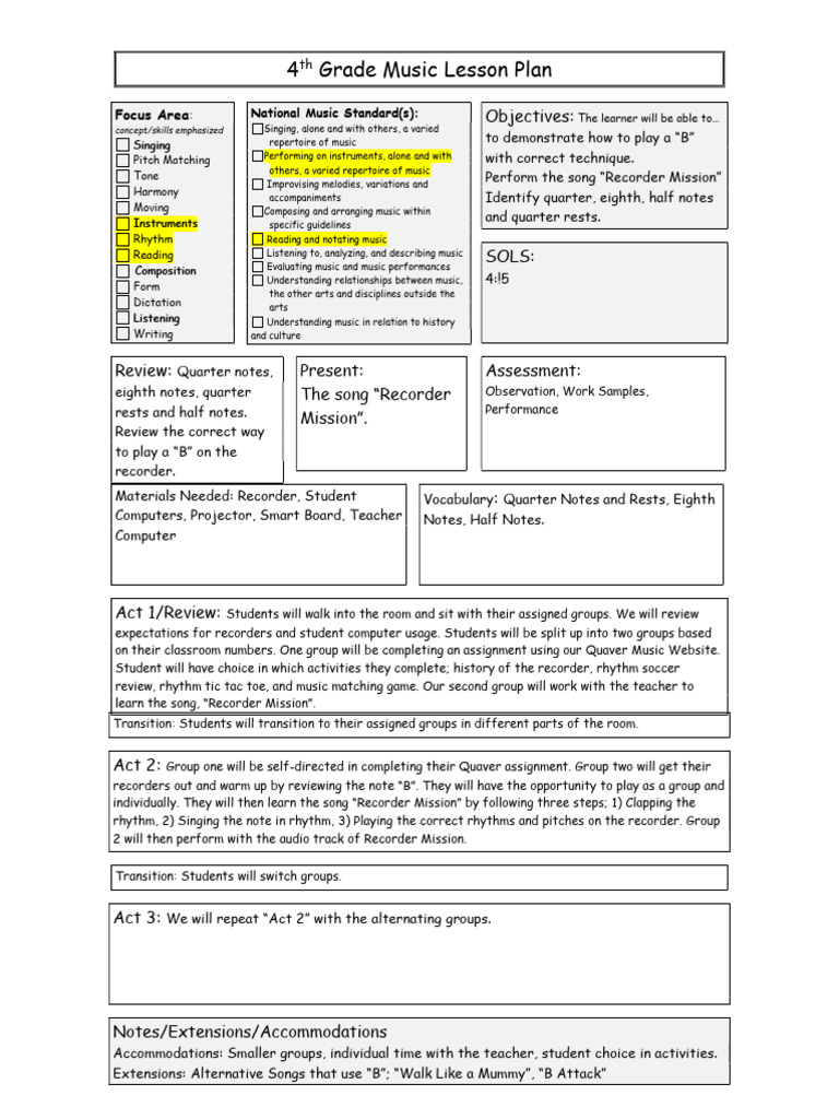 4th Grade Lesson Plan 1 | PDF | Recorder (Musical Instrument) | Lesson Plan