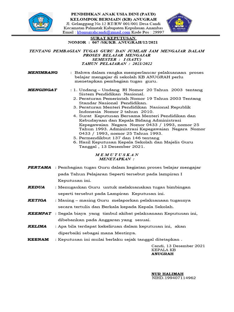 SK Pembagian Tugas 2021 | PDF