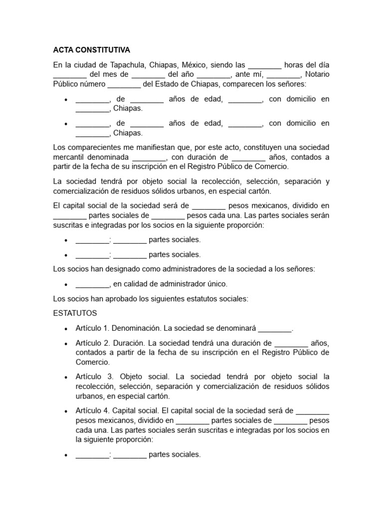 ACTA CONSTITUTIVA | PDF | Sociedad de responsabilidad limitada | Gobierno