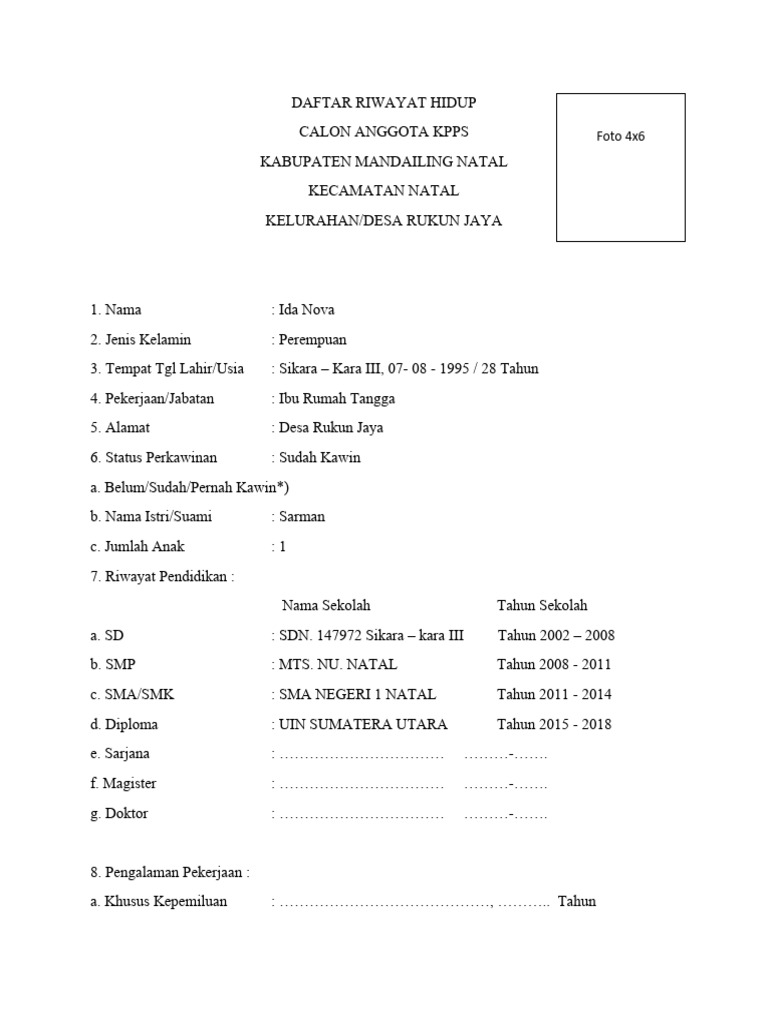 Riwayat Hidup Ida Nova untuk KPPS | PDF