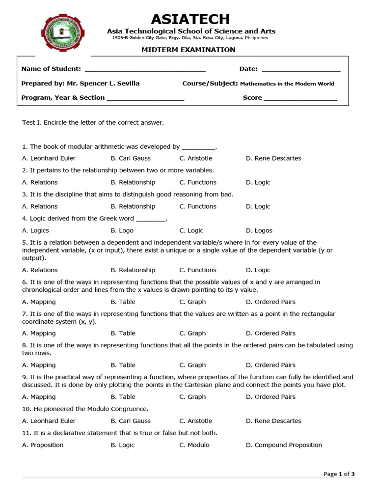 Mathematics Midterm Exam Guide | PDF | Function (Mathematics) | Logic