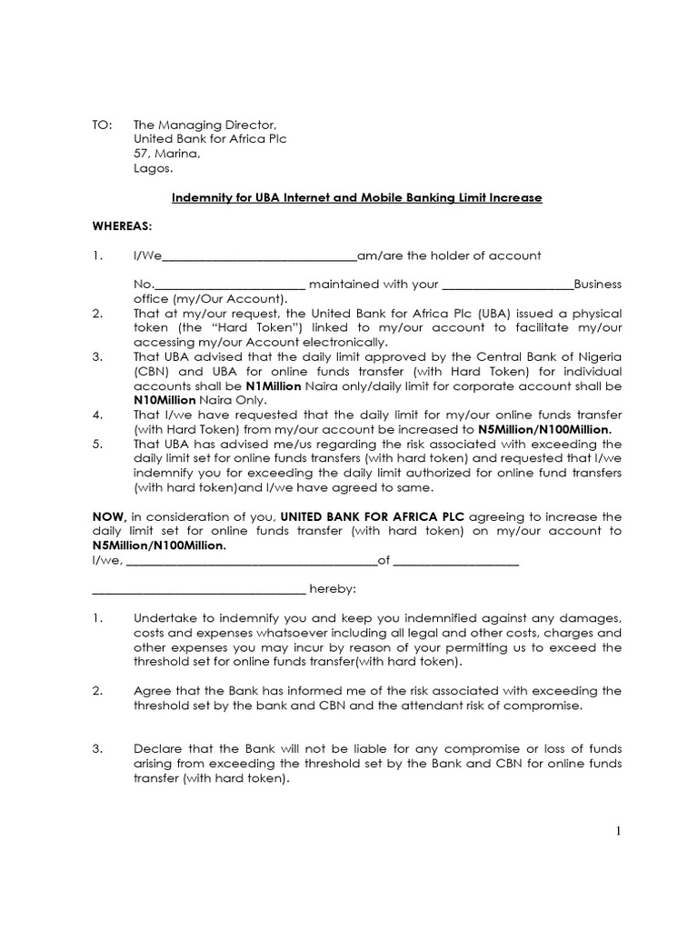 Indemnity For UBA Internet and Mobile Banking Limit Increase | PDF ...