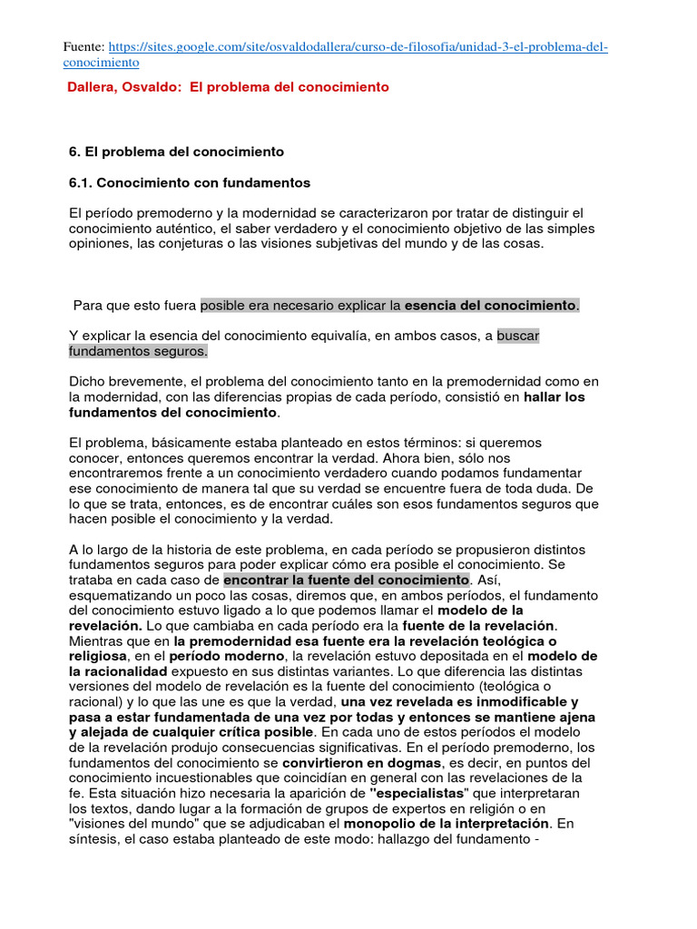 Dallera - El Problema Del Conocimiento | PDF | Conocimiento | Verdad