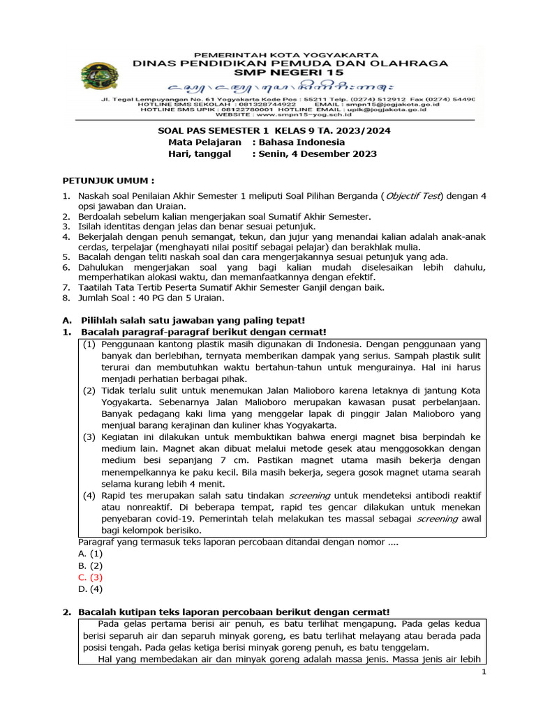 Soal Pas Sem 1 Kelas 9 2023-2024 Bindo - Fix | PDF