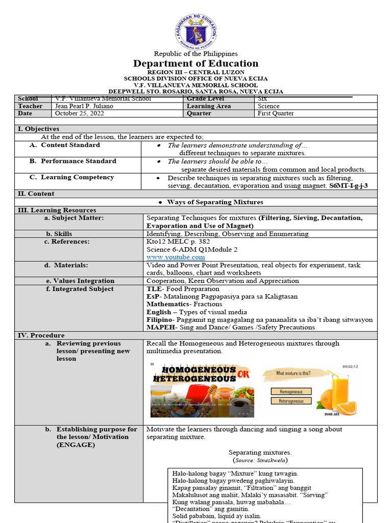 Science 6 Q1 Cot | PDF | Filtration | Mixture