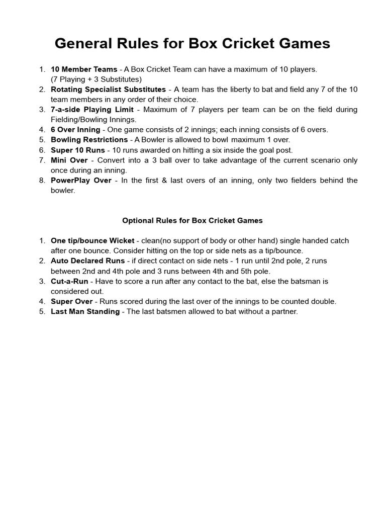 Box Cricket Rules and Regulations | PDF | Sports & Recreation