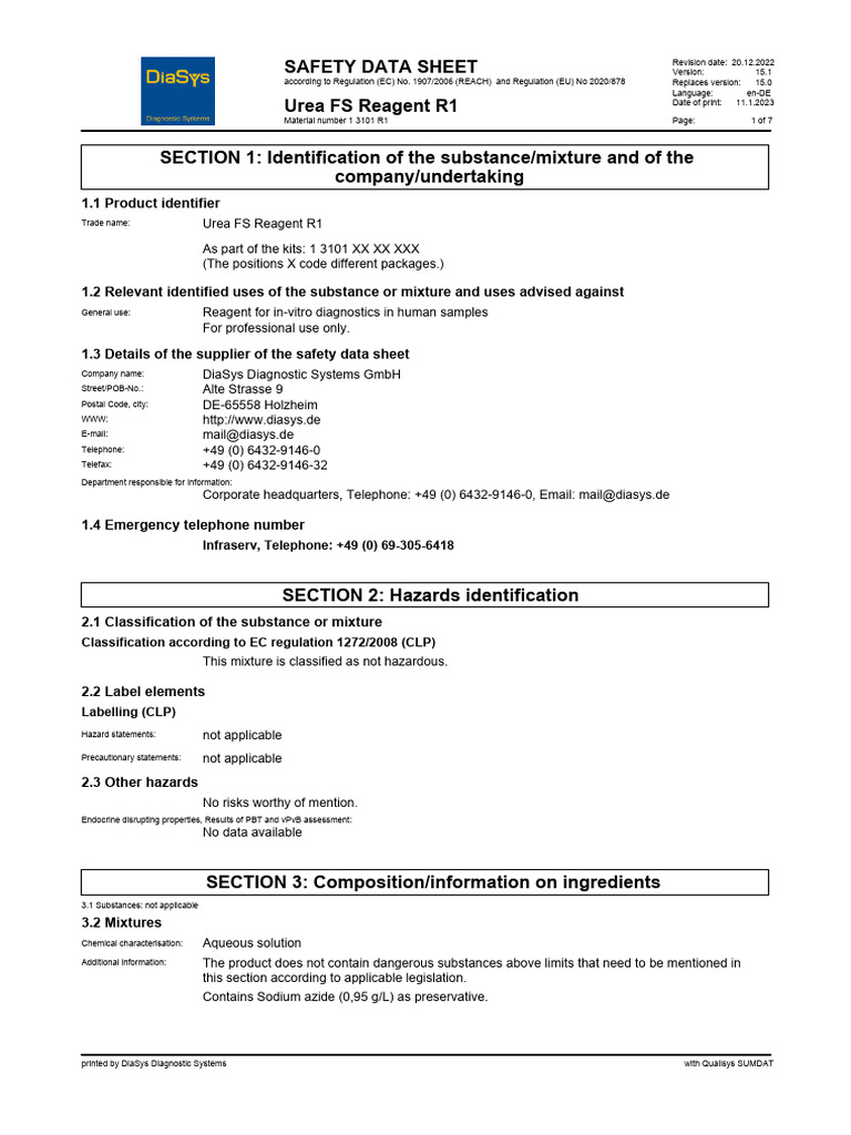 Urea - FS - Reagent - R1 en DE 15 1 | PDF