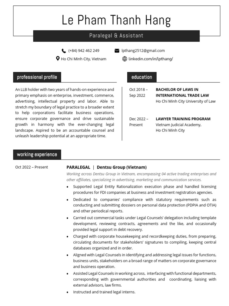 Resume - Paralegal & Assistant - Lê Phạm Thanh Hằng - Eng | PDF