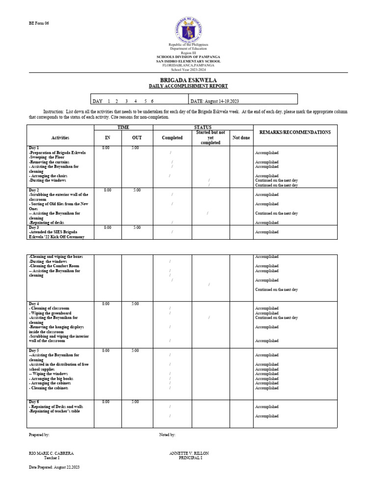 Rio Mark BE-Form-6-DAILY-ACCOMPLISHMENT-REPORT-1 | PDF | Classroom | Home