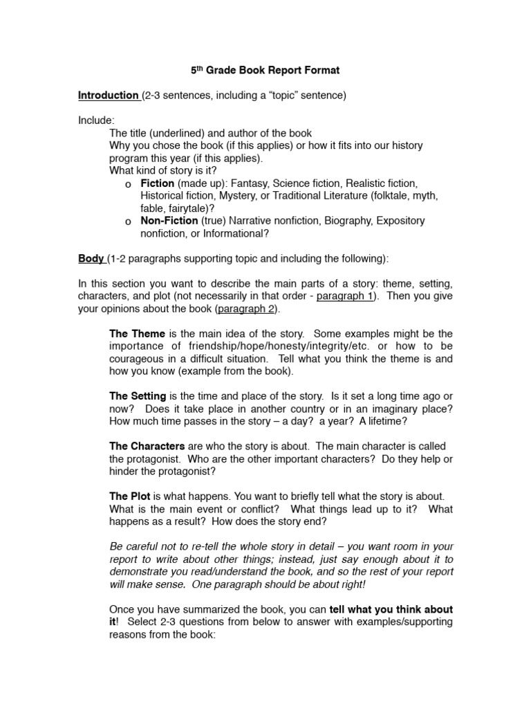 5th Grade Book Report Guidelines | PDF | Non Fiction | Writing