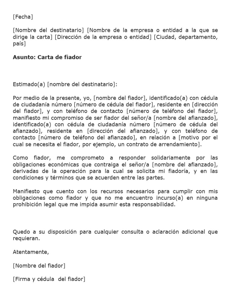 Modelo Carta de Fiador | PDF | Derecho