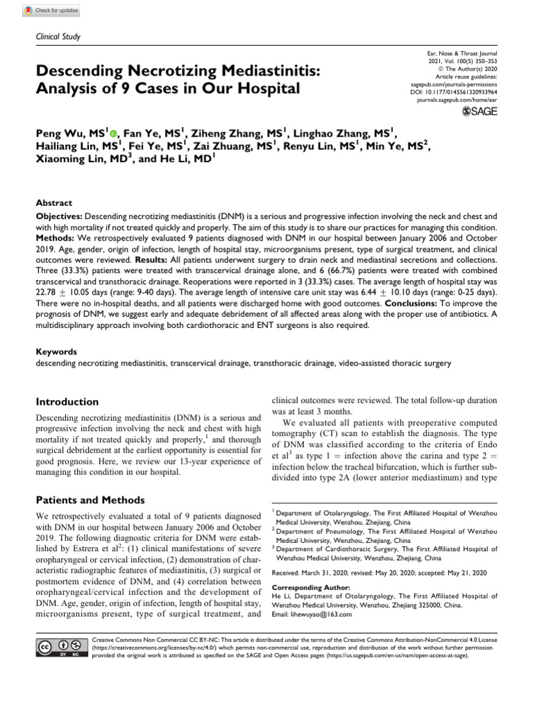 Wu Et Al 2020 Descending Necrotizing Mediastinitis Analysis of 9 Cases in Our Hospital | PDF ...