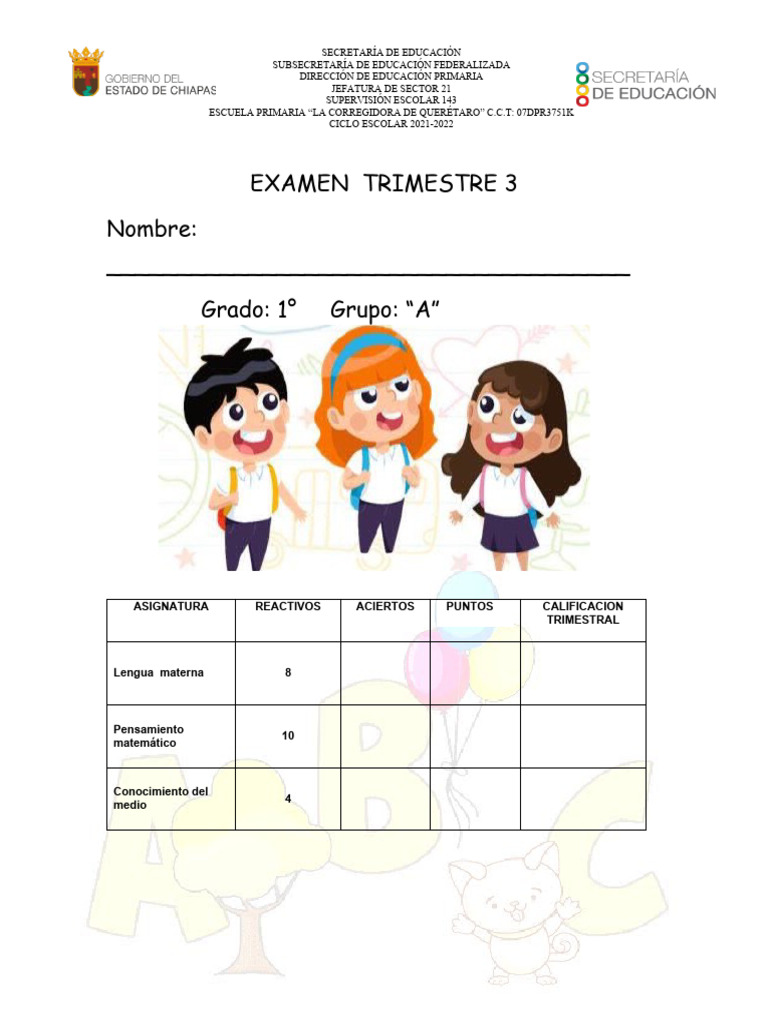 Examen 1 ° A Trimestre 3 | PDF