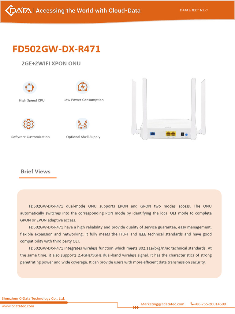 CDATA-XPON ONU - FD502GW-DX-R471 (2GE+2WIFI) Datasheet-V3.0 | PDF | Computer Standards ...
