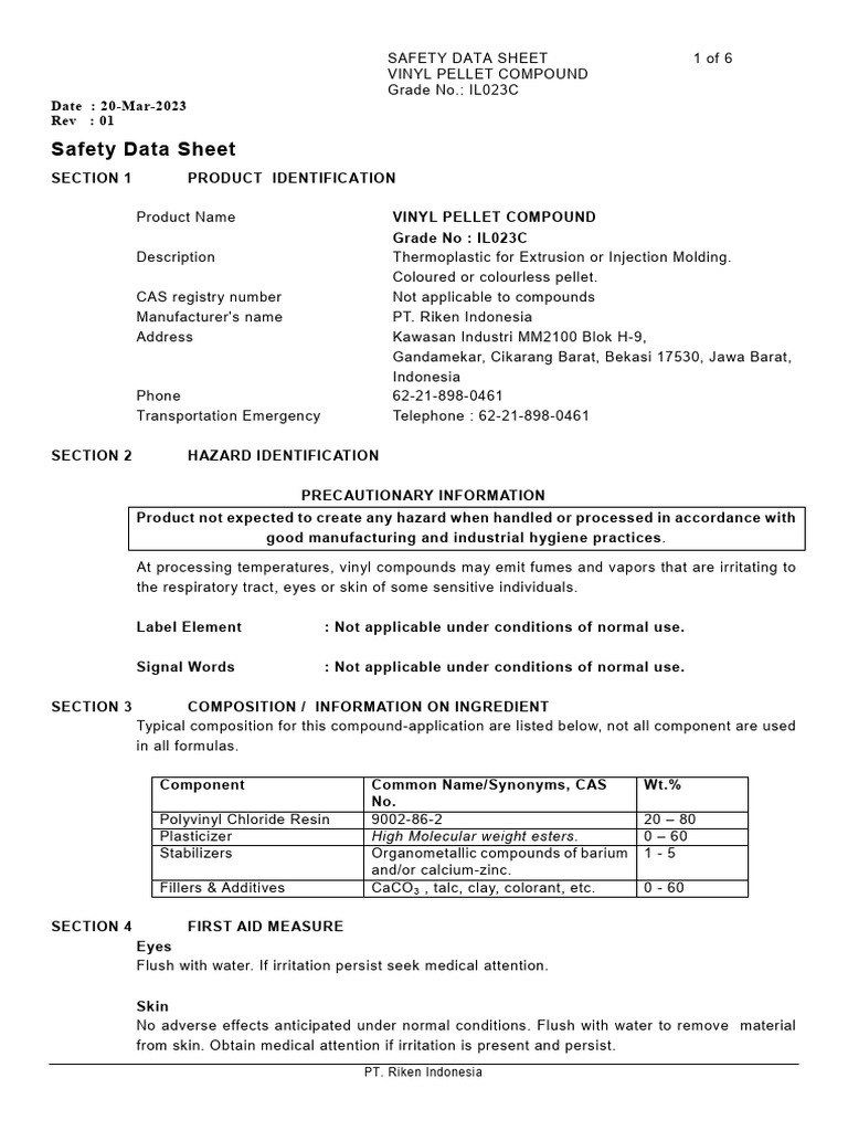 MSDS Il023c 2023 | PDF | Polyvinyl Chloride | Combustion