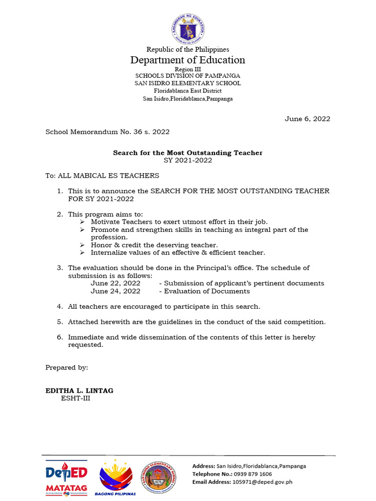 MOT School Memo | PDF | Teachers