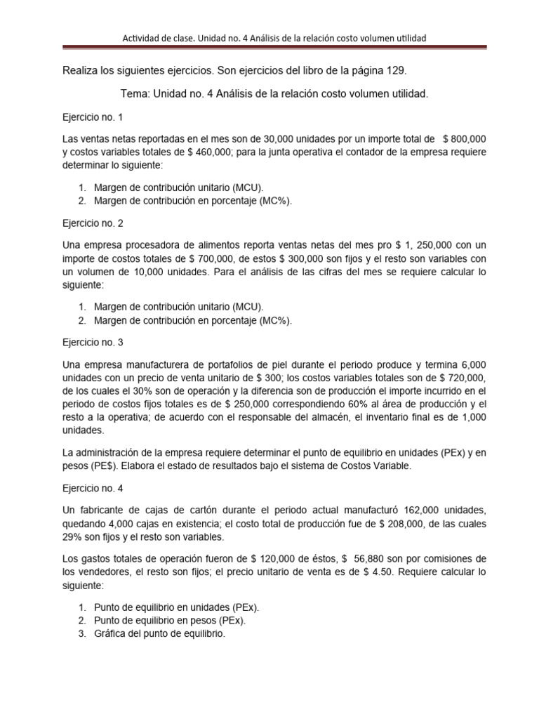 Actividad No. 1 Unidad 4 Costo Volumen Utilidad | PDF | Contabilidad financiera | Economias