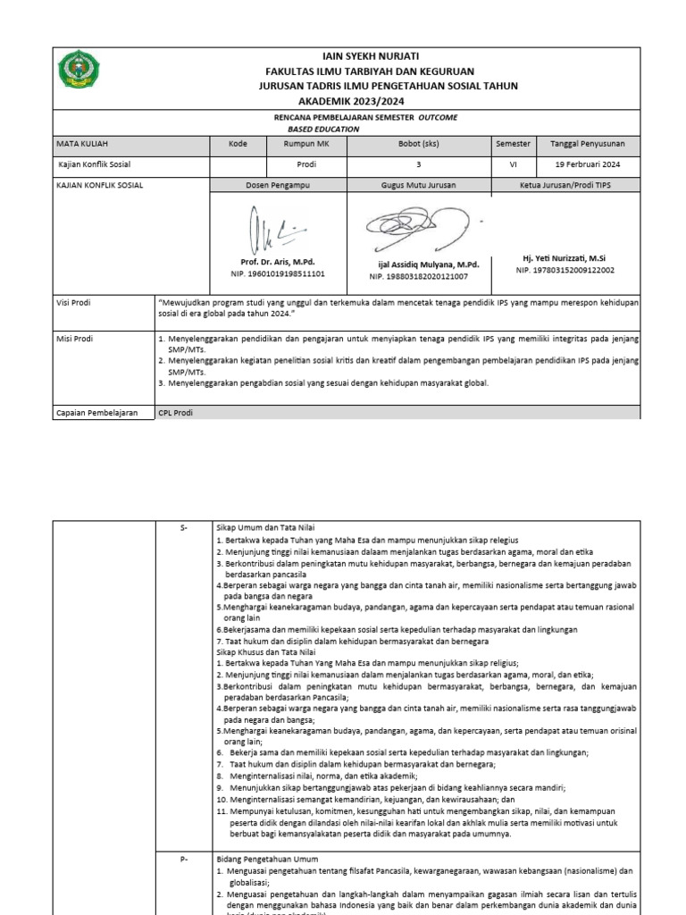 RPS Konflik Sosial Prof. Dr. Aris, M.PD | PDF