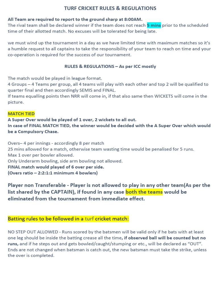 Turf Cricket Rules | PDF | Bowling (Cricket) | Ball And Bat Games