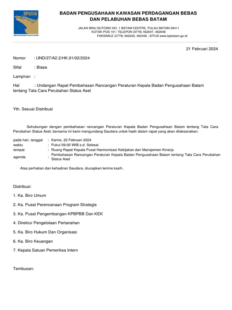 Undangan Rapat Pembahasan Rancangan Peraturan Kepala Badan Pengusahaan ... Undangan Rapat Pembahasan Rancangan Peraturan Kepala Badan Pengusahaan ...