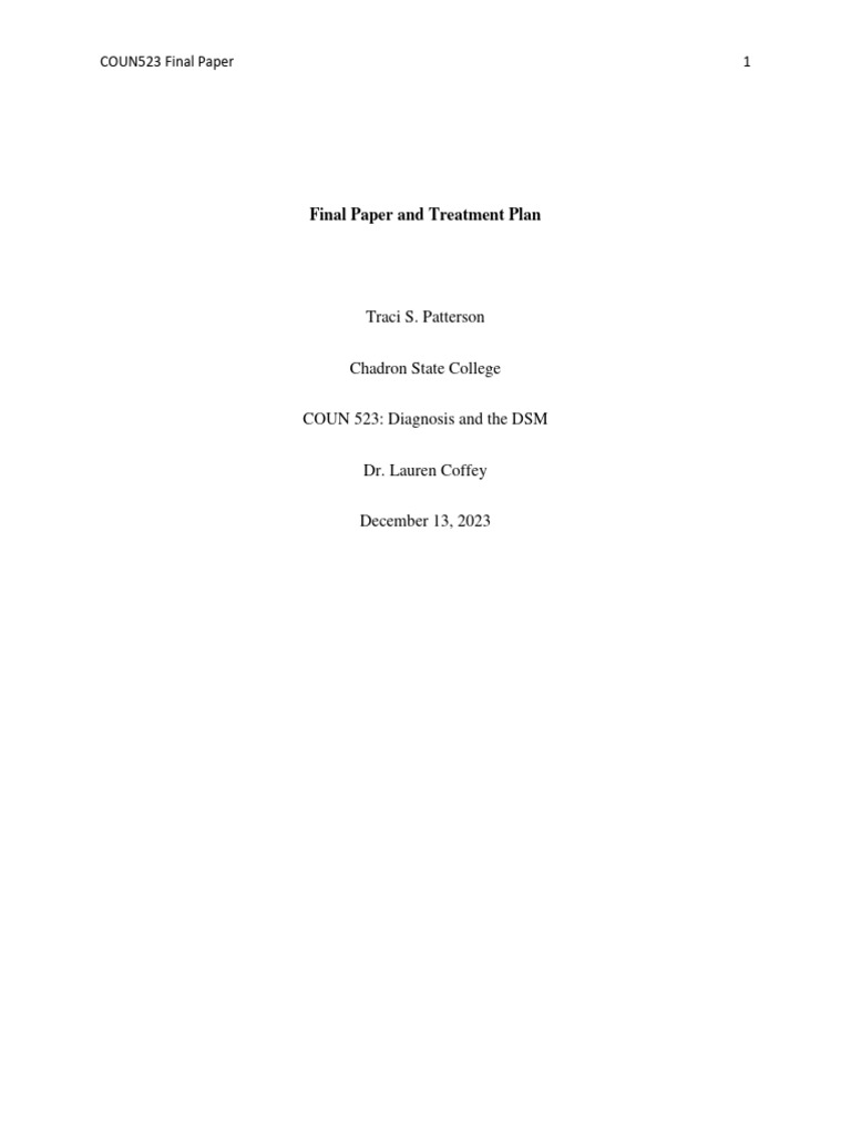 Coun523 Final Paper Treatment Plan | PDF | Self-Improvement | Wellness