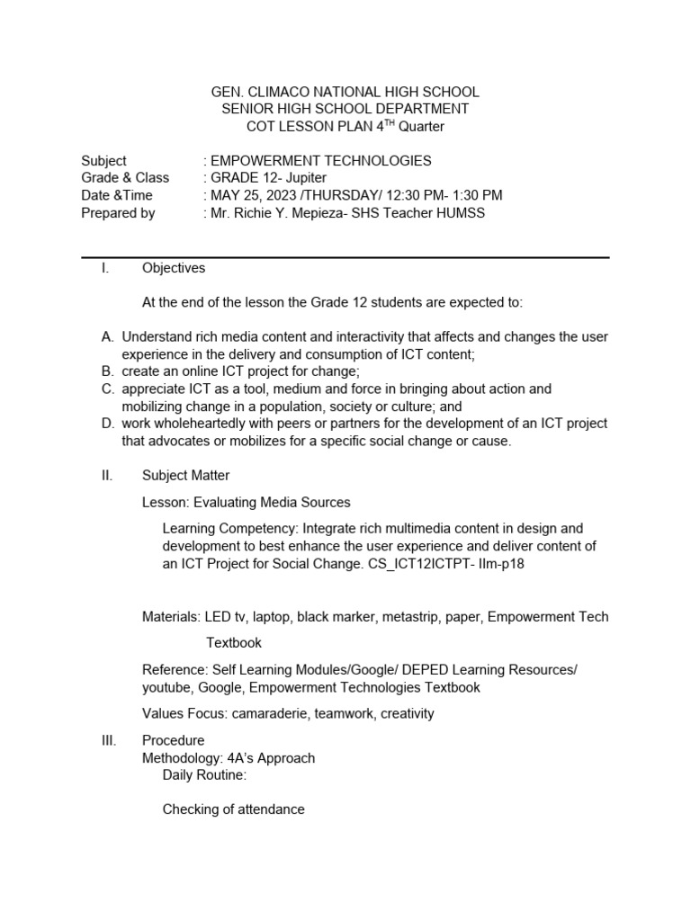 Lesson Plan For 4th Quarter COT Empowerment Technologies | PDF | Educational Technology | Multimedia